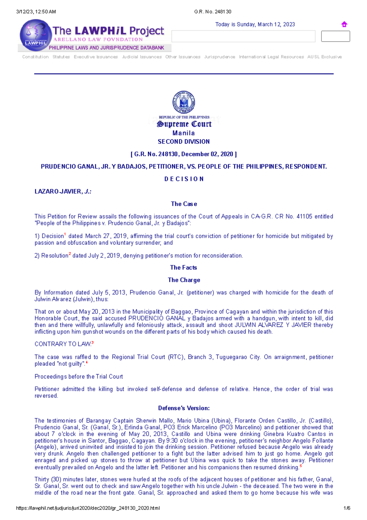 G.R. No. 248130: Acquittal of Prudencio Ganal, Jr. for Homicide - Studocu