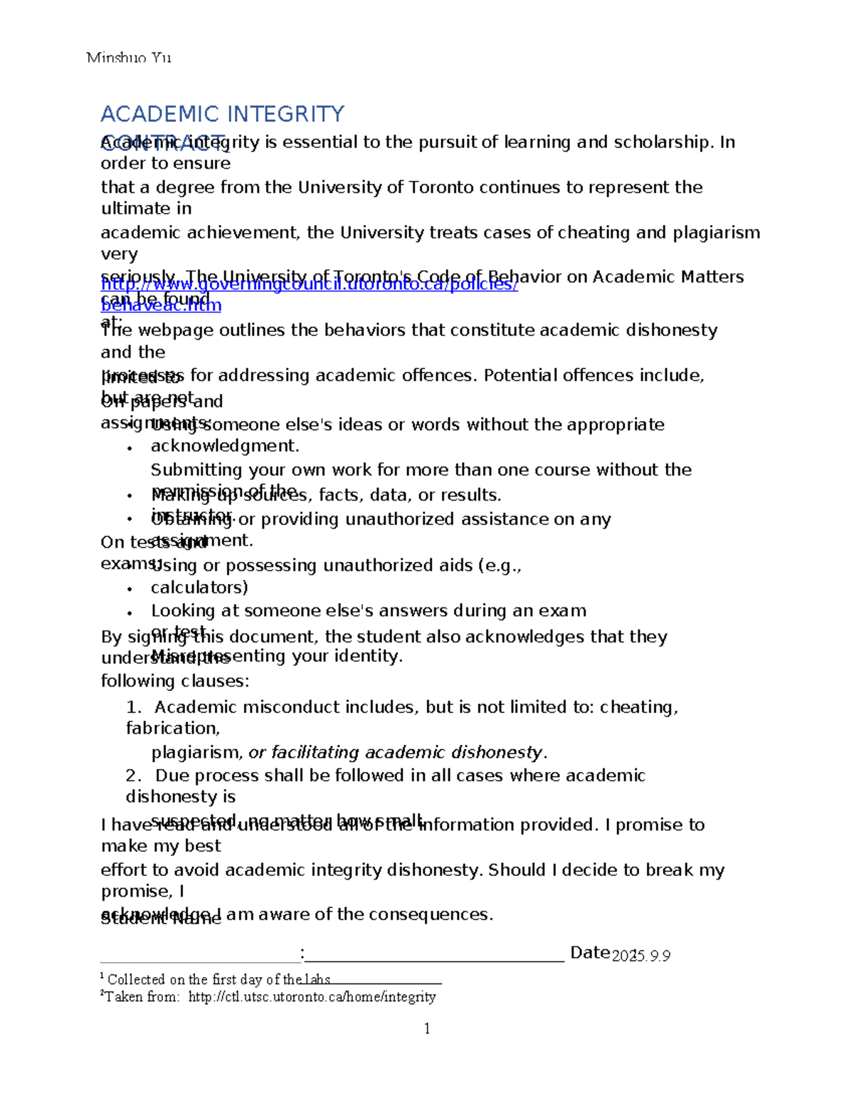 CHMA10 Lab Academic Integrity Contract Guidelines - Studocu