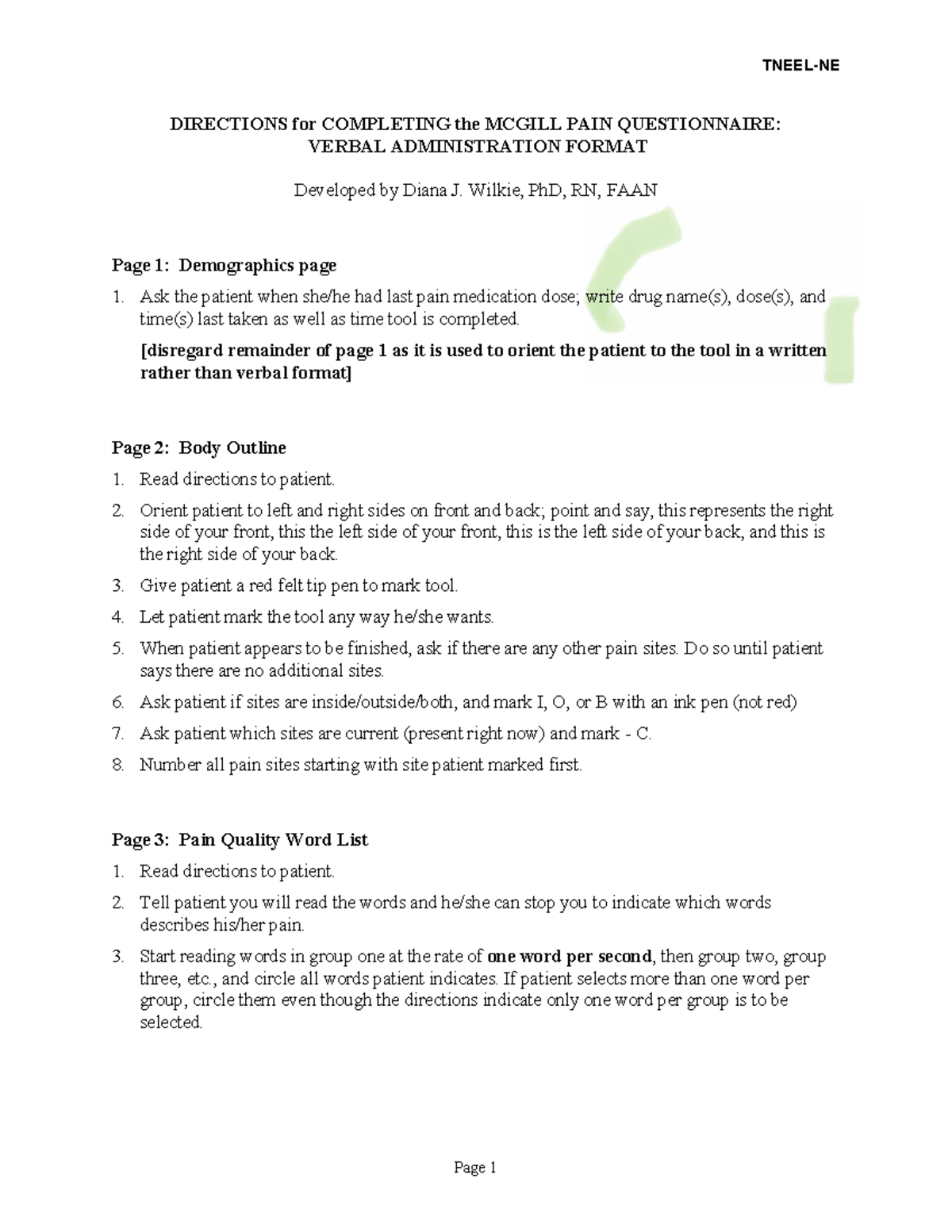 DIRECTIONS for Completing the McGill Pain Questionnaire: Admin Format ...