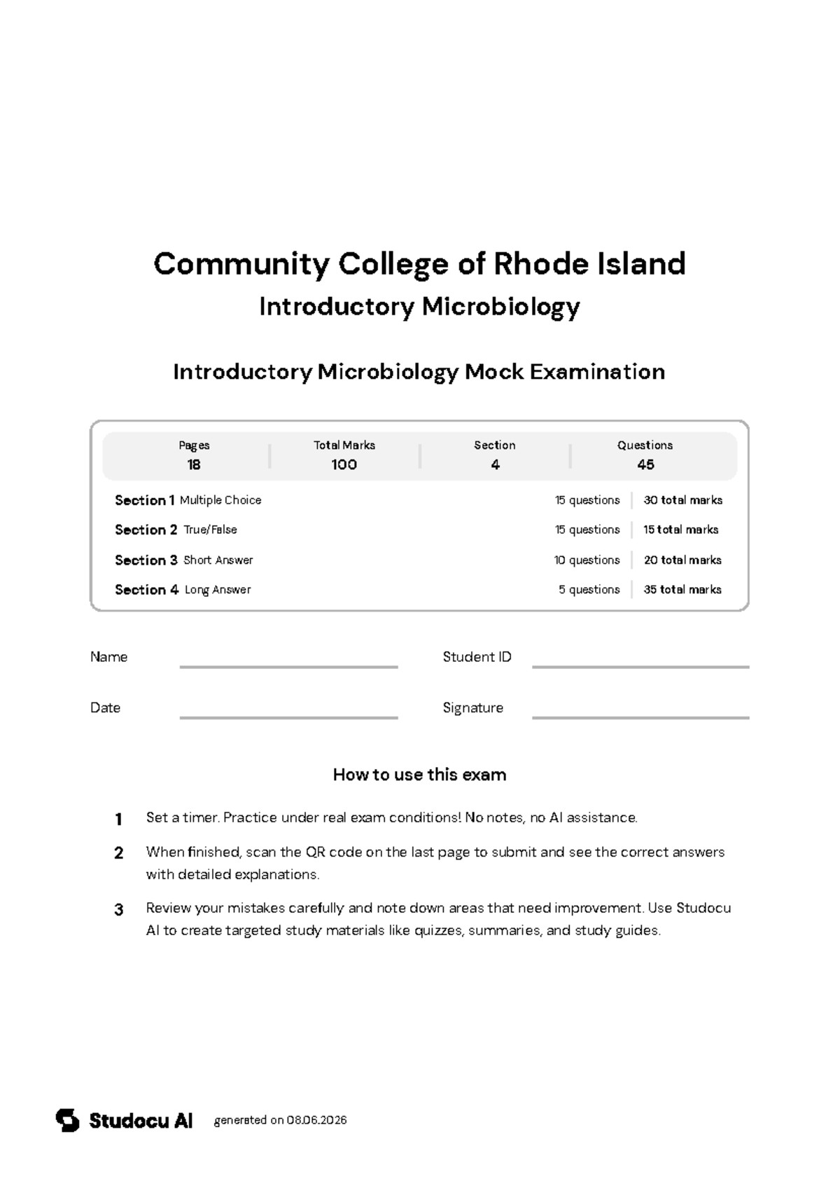 BIOL 2210 Introductory Microbiology Mock Exam - Studocu