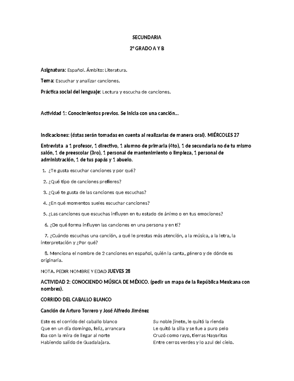 Actividades PARA Segundo Grado. A Y B - SECUNDARIA 2° GRADO A Y B ...