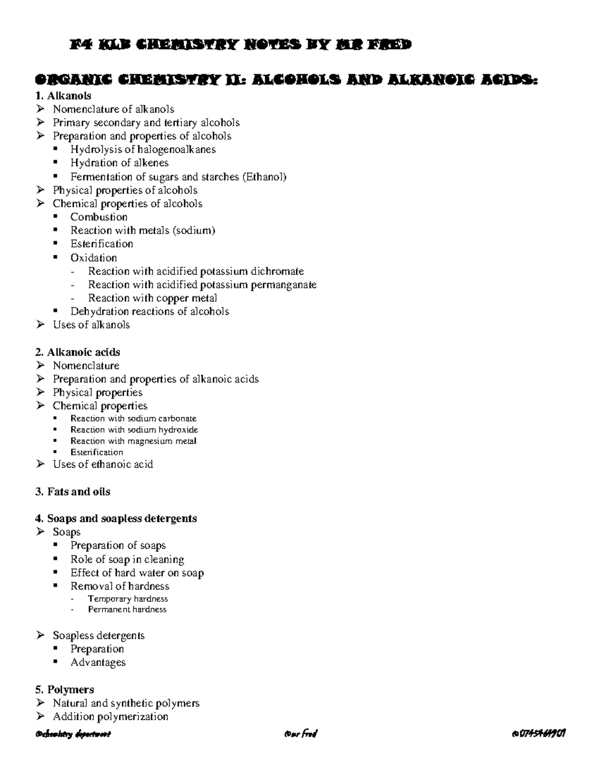 FORM FOUR Chemistry Notes: Organic Chemistry II - Alcohols & Acids ...