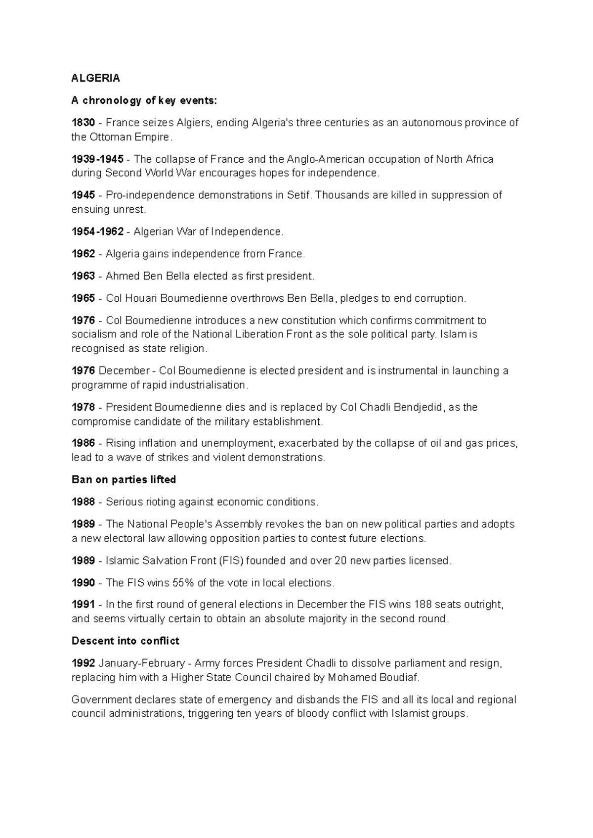 ALGERIA Timeline of Key Events: From Ottoman Rule to Independence - Studocu