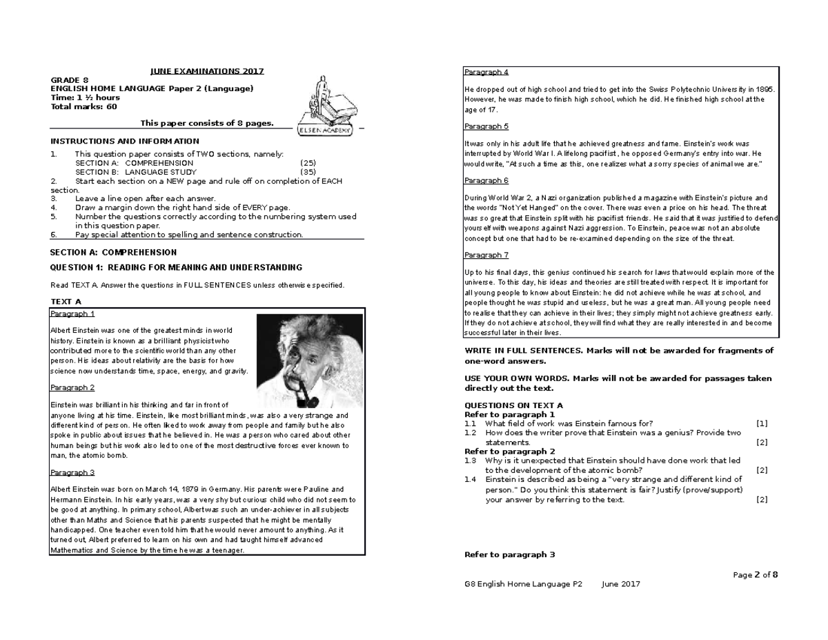 G8 English Home Language P2 June 2017 Mock Exam Paper - Studocu