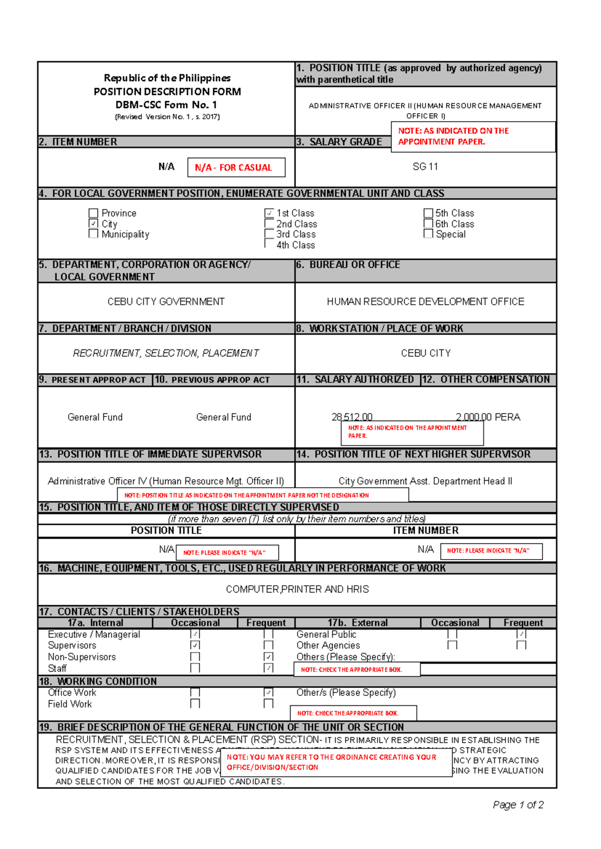 Cebu City Government Position Description Form: Admin Officer II - Studocu