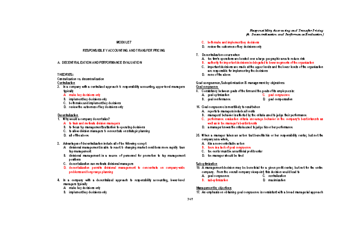 Module 7: Responsibility Accounting & Transfer Pricing - Decentralization - Studocu