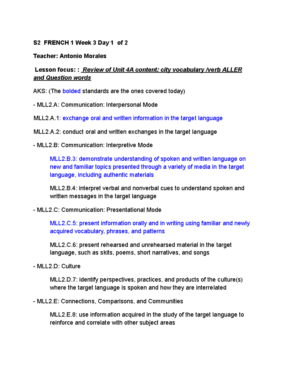 S2 FRENCH 1 Week 3 Day 1 Lesson Plan - Studocu