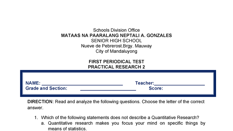 Practical Research 2: First Periodical Test Review and Analysis - Studocu