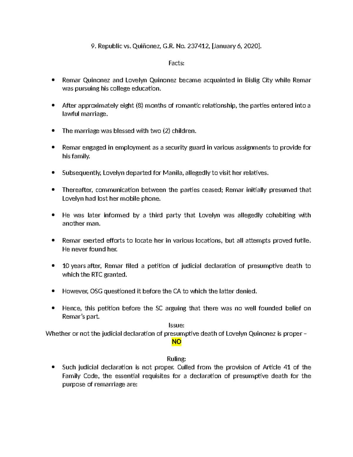 Rule 131 9. Judicial Declaration of Presumptive Death: Republic vs ...