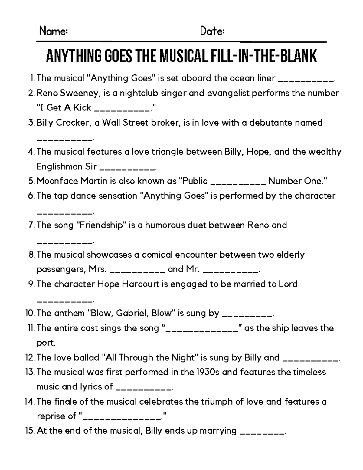 Anything Goes (Musical) Fill-In-The-Blank Viewing Guide Response ...