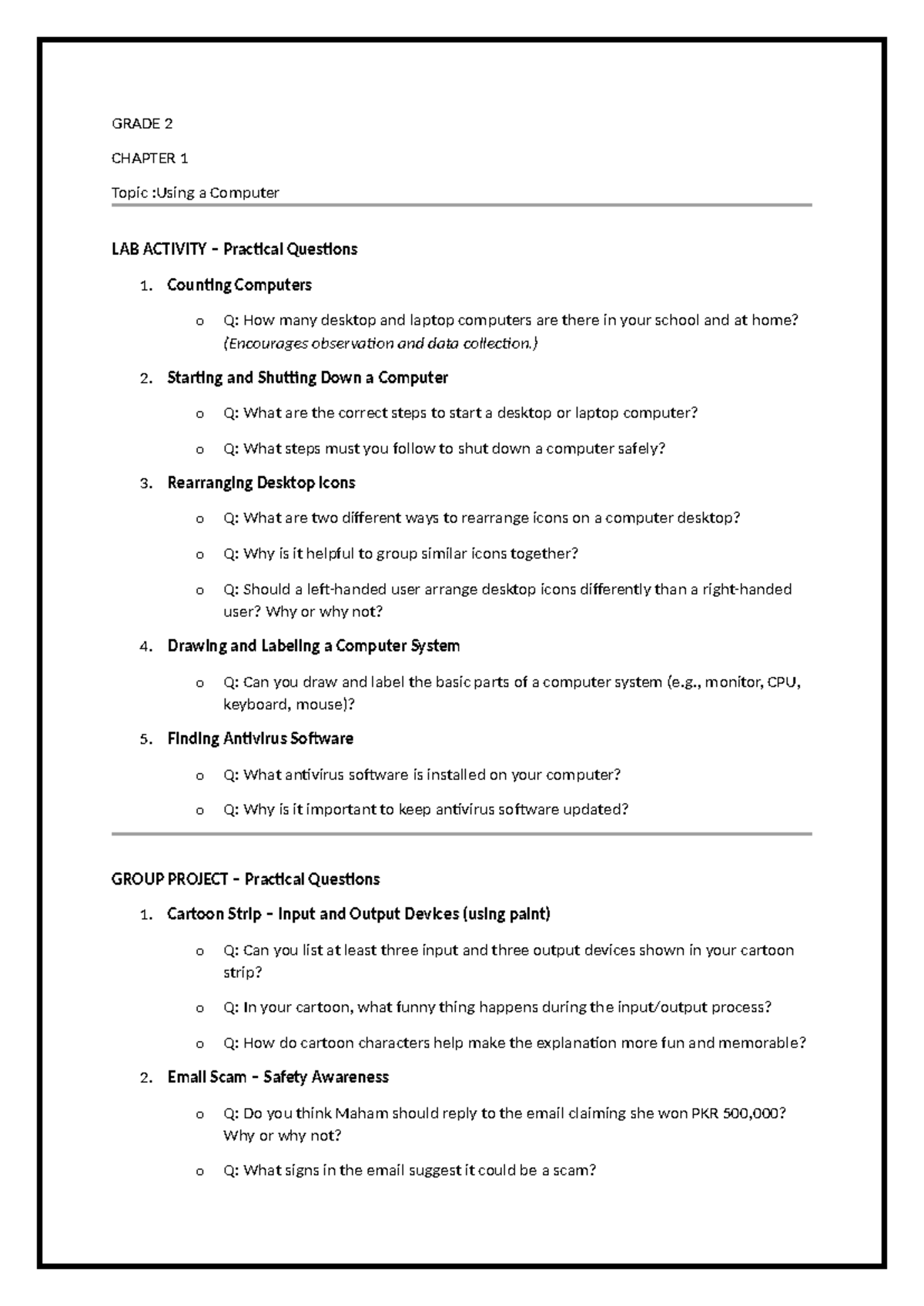 Grade 2 Unit Assessment: Computer Lab Activities & Practical Questions ...