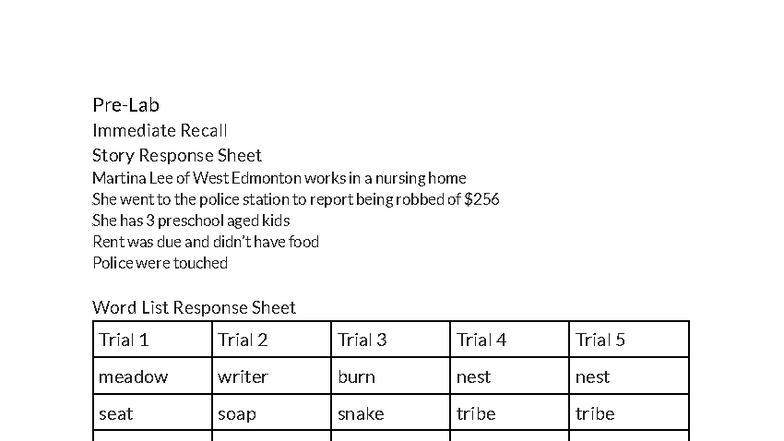 Psych 1002 Week 12: Immediate Recall Story Response Sheet - Studocu