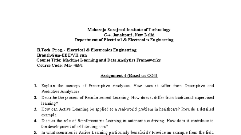 Assignment 4: Machine Learning & Data Analytics (469T) - Studocu