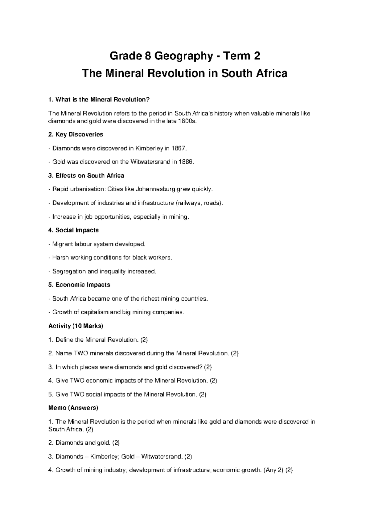 Grade 8 Geography Term 2: The Mineral Revolution in South Africa - Studocu