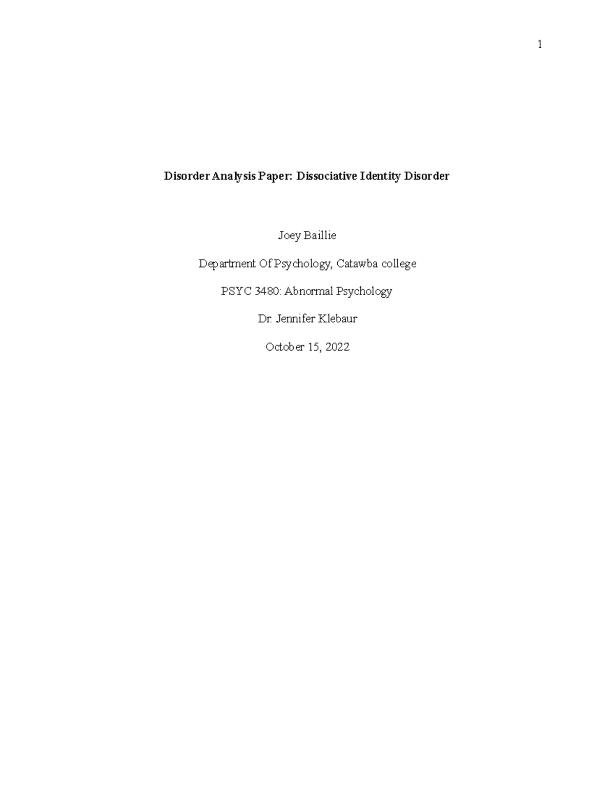 Dissociative Identity Disorder Analysis - PSYC 3480 Paper - Studocu