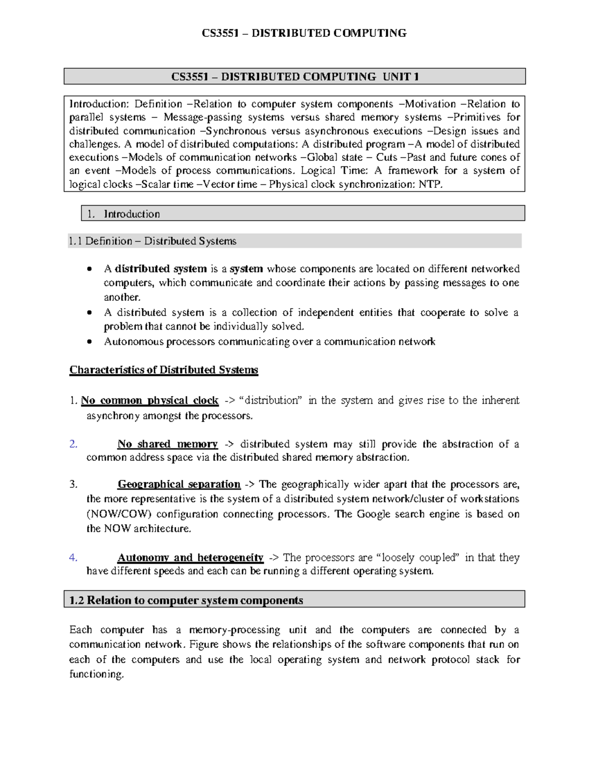 CS3551 DISTRIBUTED COMPUTING UNIT 1: Introduction to Distributed ...