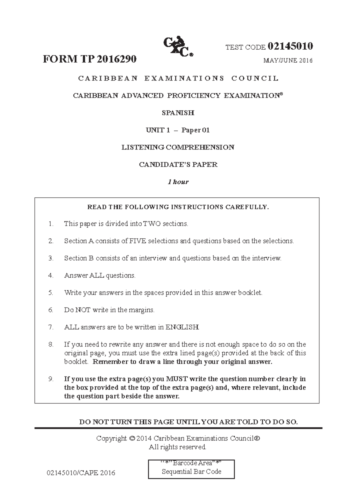 Cape Spanish 2016 U1 P1 Listening Comprehension Exam Paper Studocu