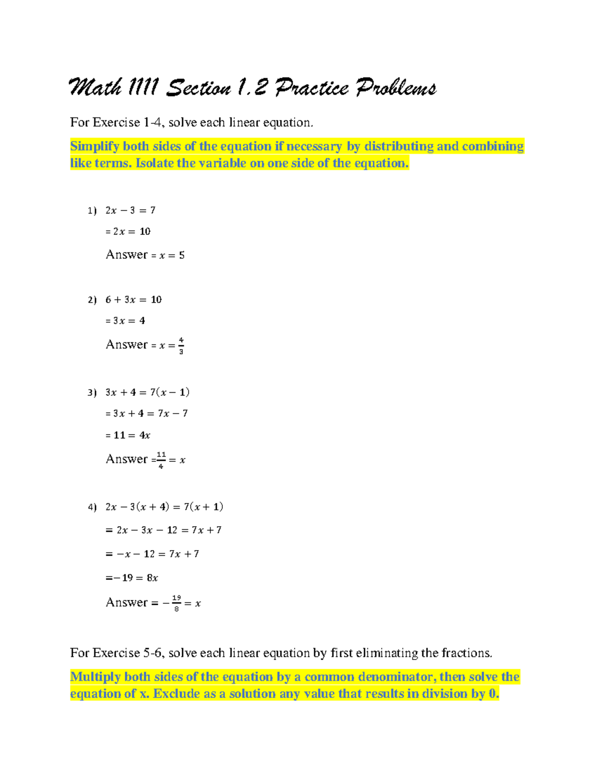 Math 1111 Section 1.2 Practice Problems (Solutions Included) - Studocu