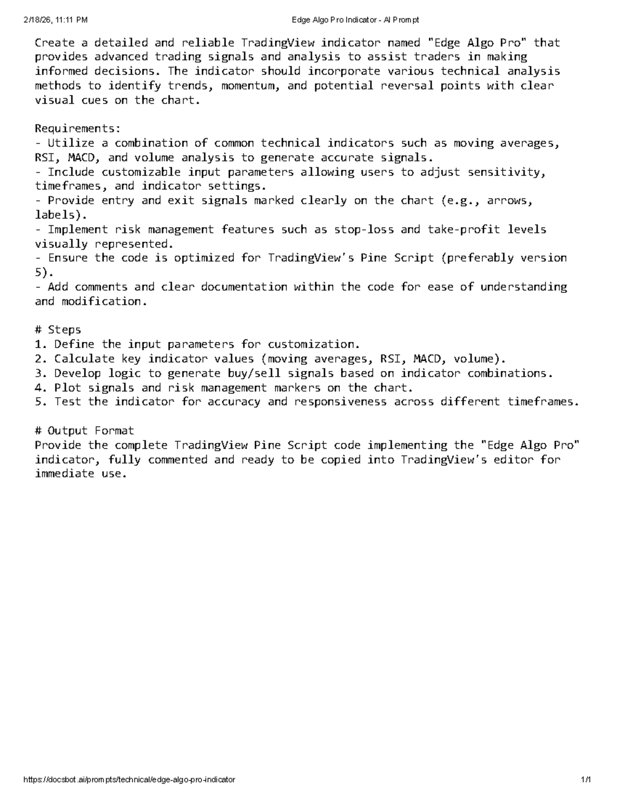 Edge Algo Pro Indicator AI Prompt - TradingView Pine Script Guide - Studocu