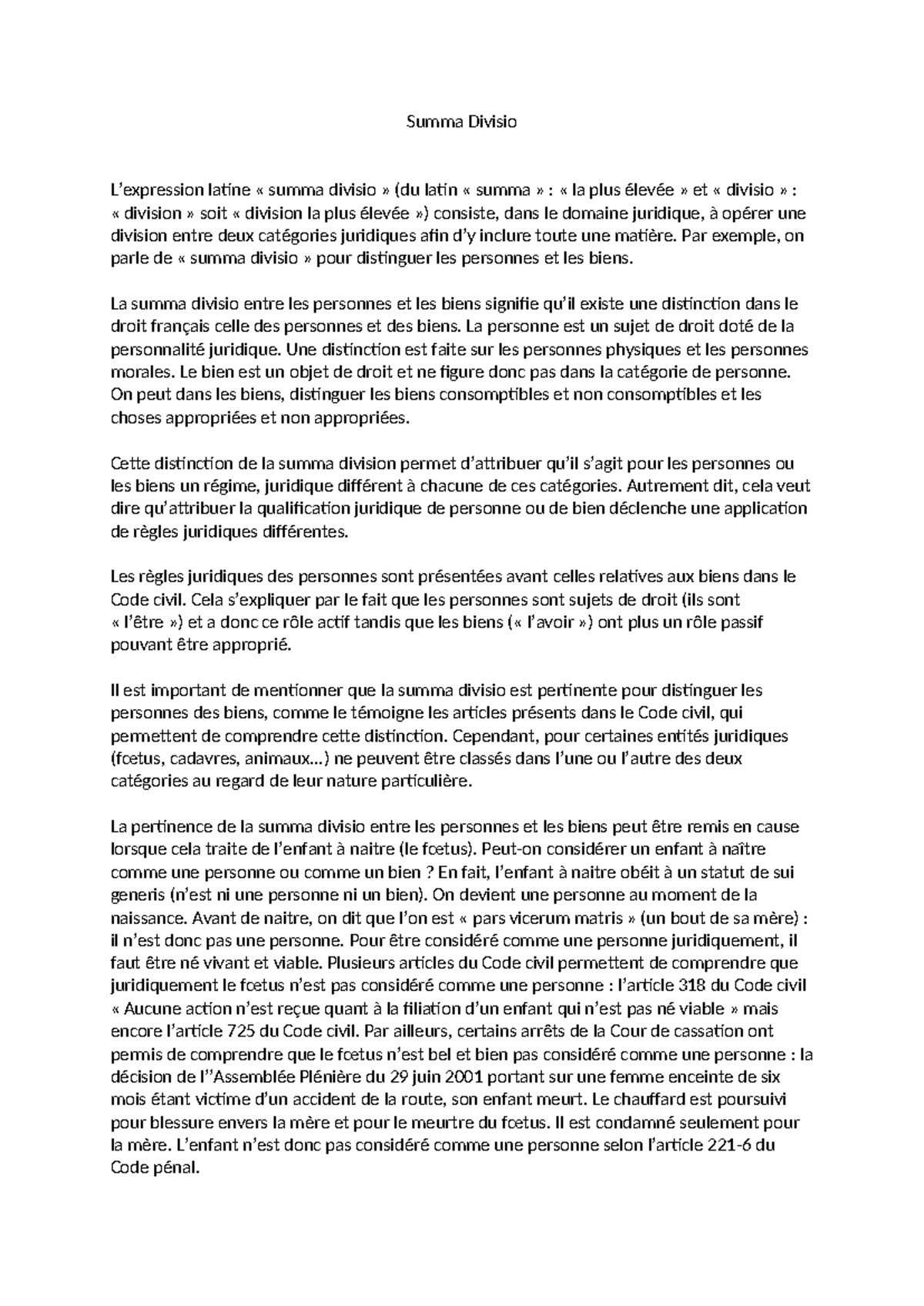 TD - La Summa Divisio : Distinction entre Personnes et Biens - Studocu