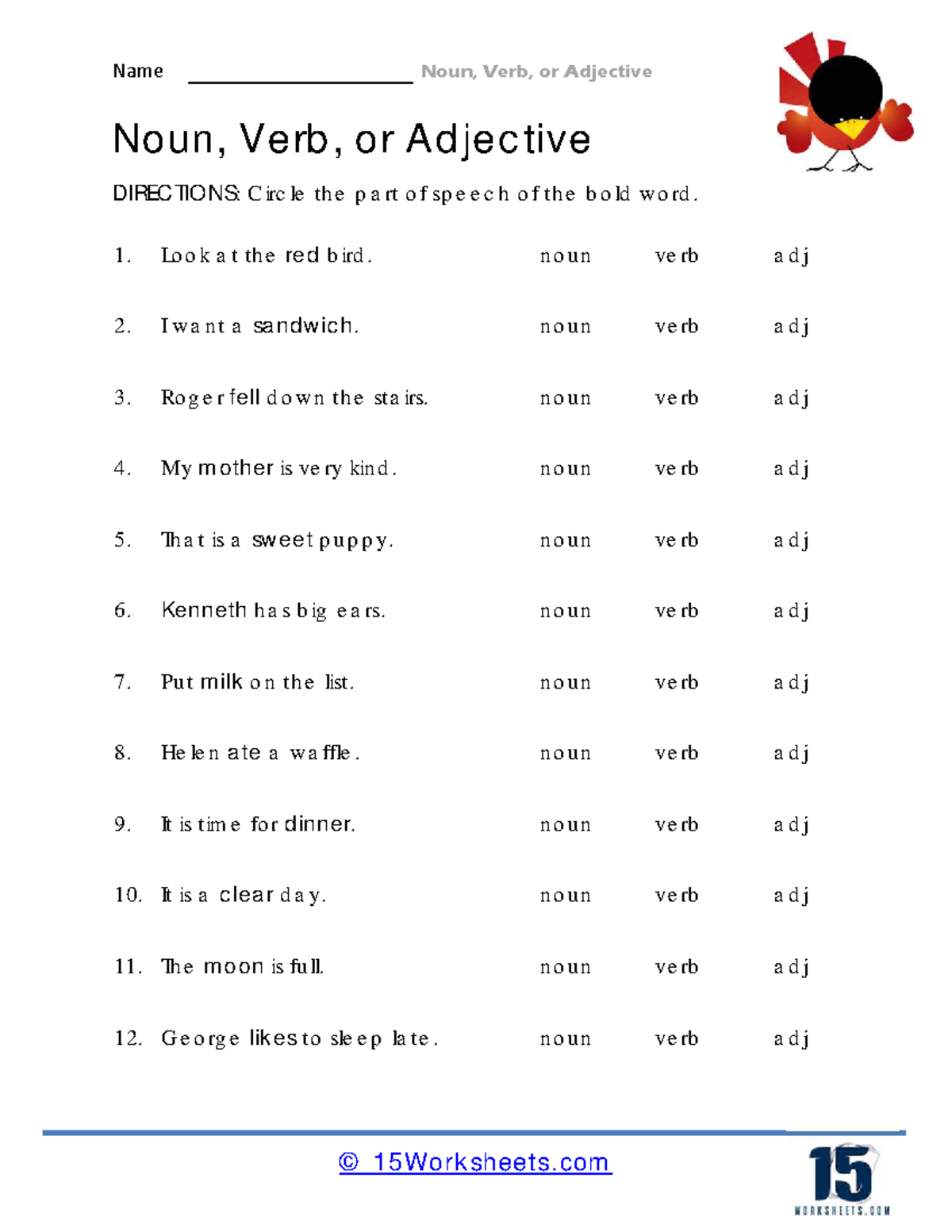 9-344 - Grammar Practice: Identifying Nouns, Verbs, and Adjectives ...