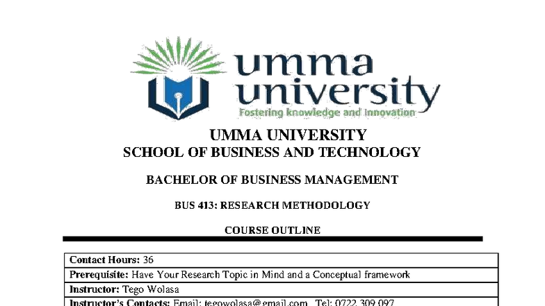 Course Outline: Research Methodology BUS 413 - Studocu