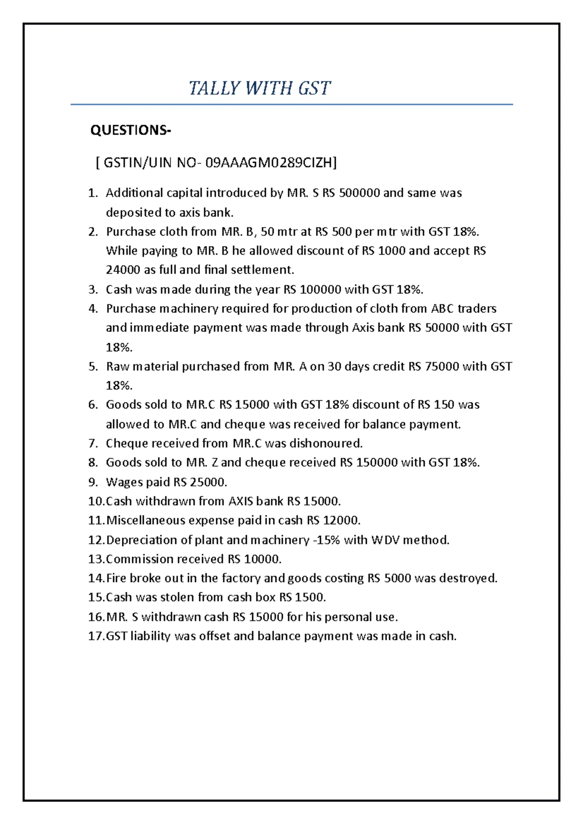 6 Journal Entries ques - Questions for practice of tally step by step ...