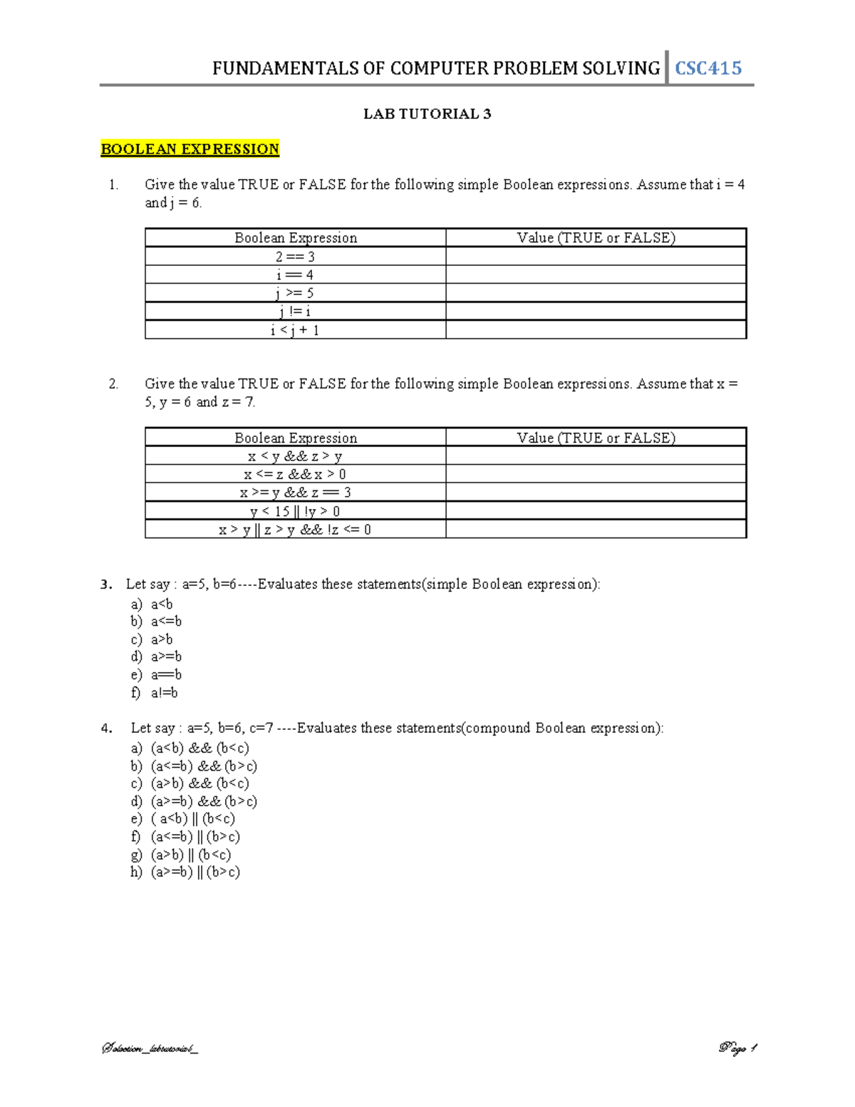 FUNDAMENTALS OF COMPUTER PROBLEM SOLVING CSC415 LAB TUTORIAL 3 BOOLEAN ...