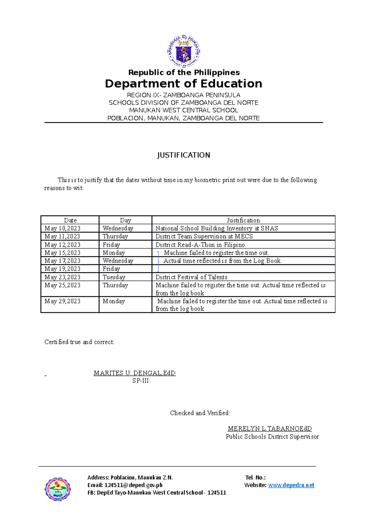 Justification Report for Biometric Print Out - Manukan West Central ...