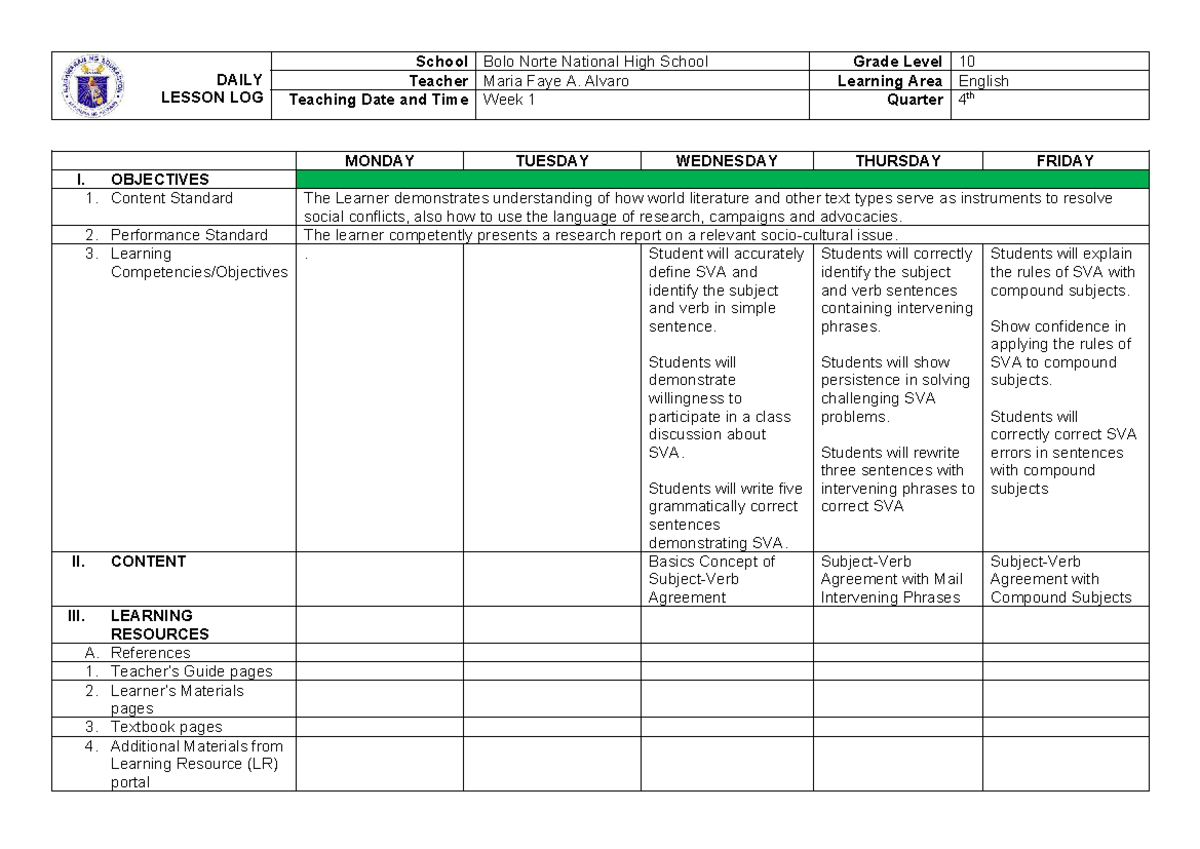 DDL WEEK 1-4 - Detailed Lesson Plan - DAILY LESSON LOG School Bolo ...