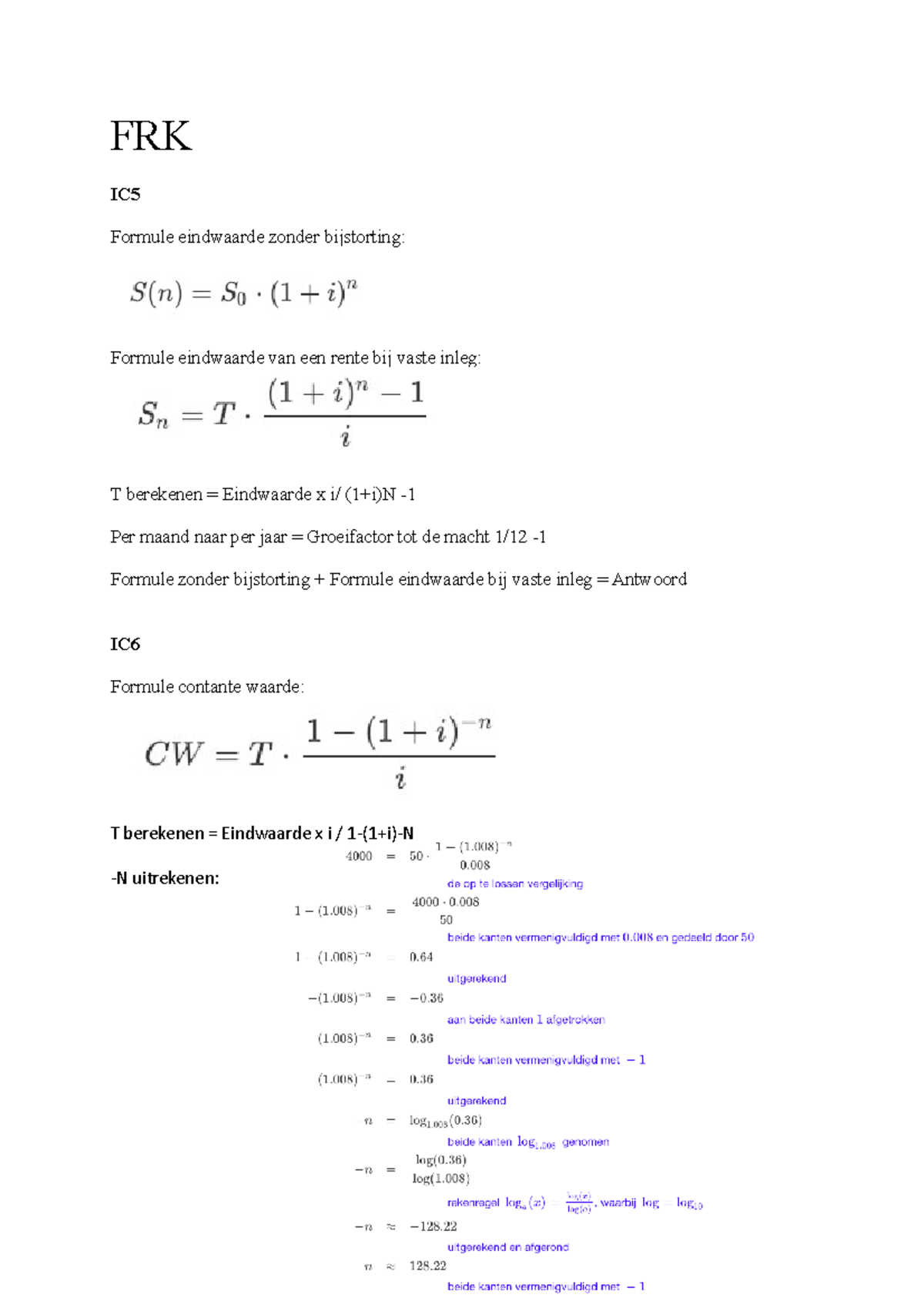 FRK - Samenvatting IC en Formules voor Eind- en Contante Waarde ...