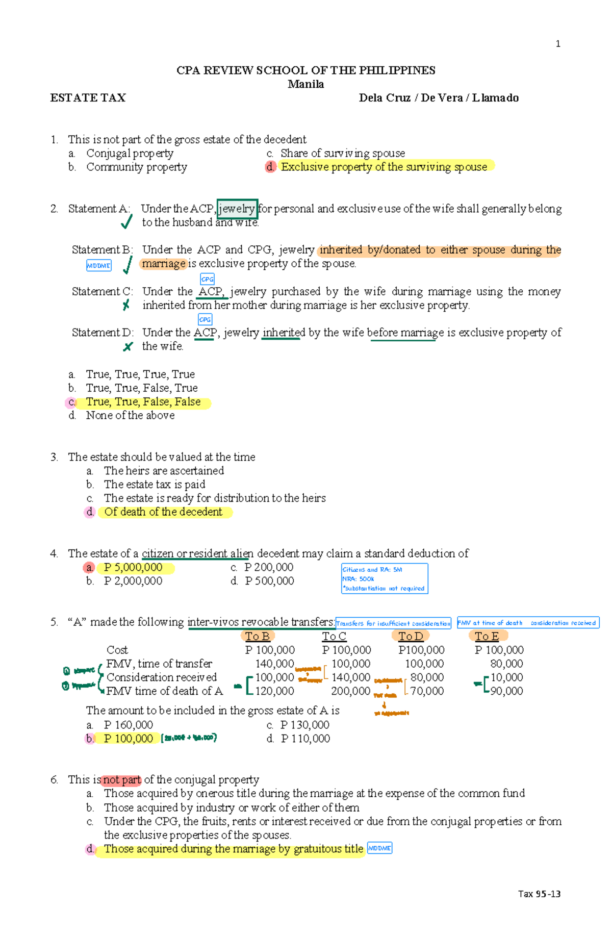 CPA REVIEW: ESTATE TAX TEST BANK - MDDME CPG - Studocu