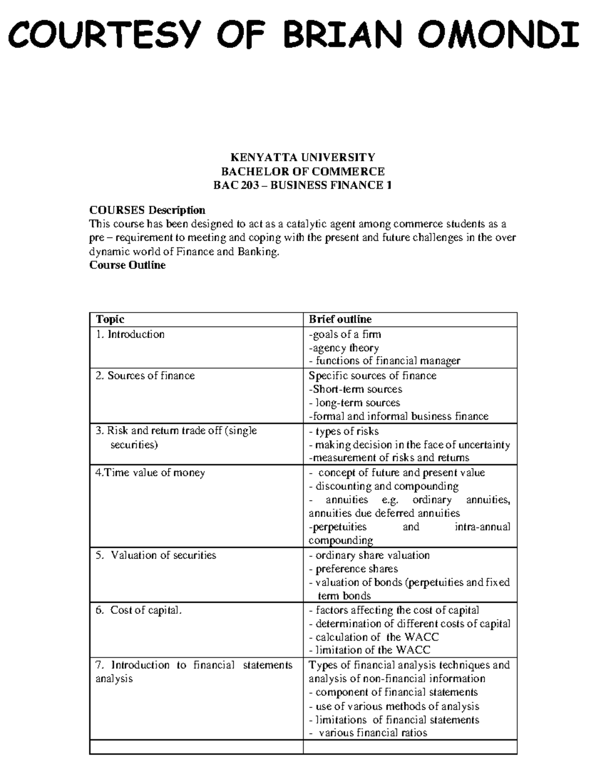 BAC 203 - Business Finance 1 Course Overview and Key Concepts - Studocu