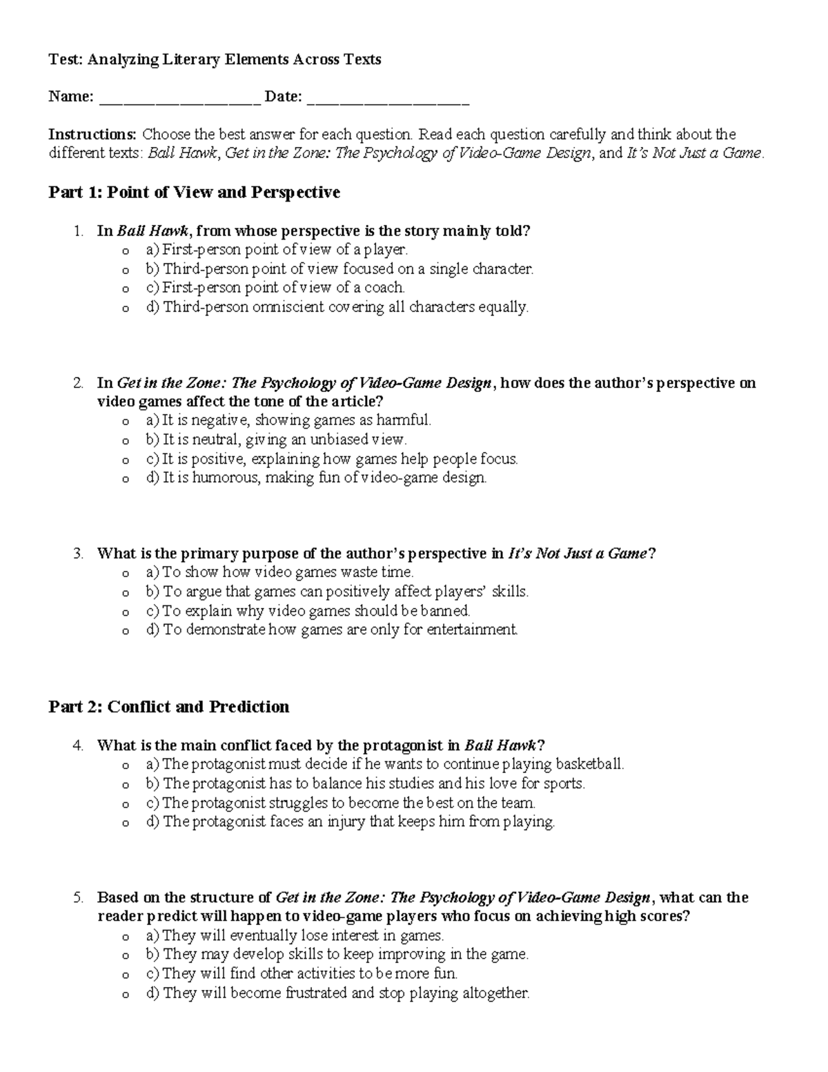 Analyzing Literary Elements Across Texts: Test Review - Studocu