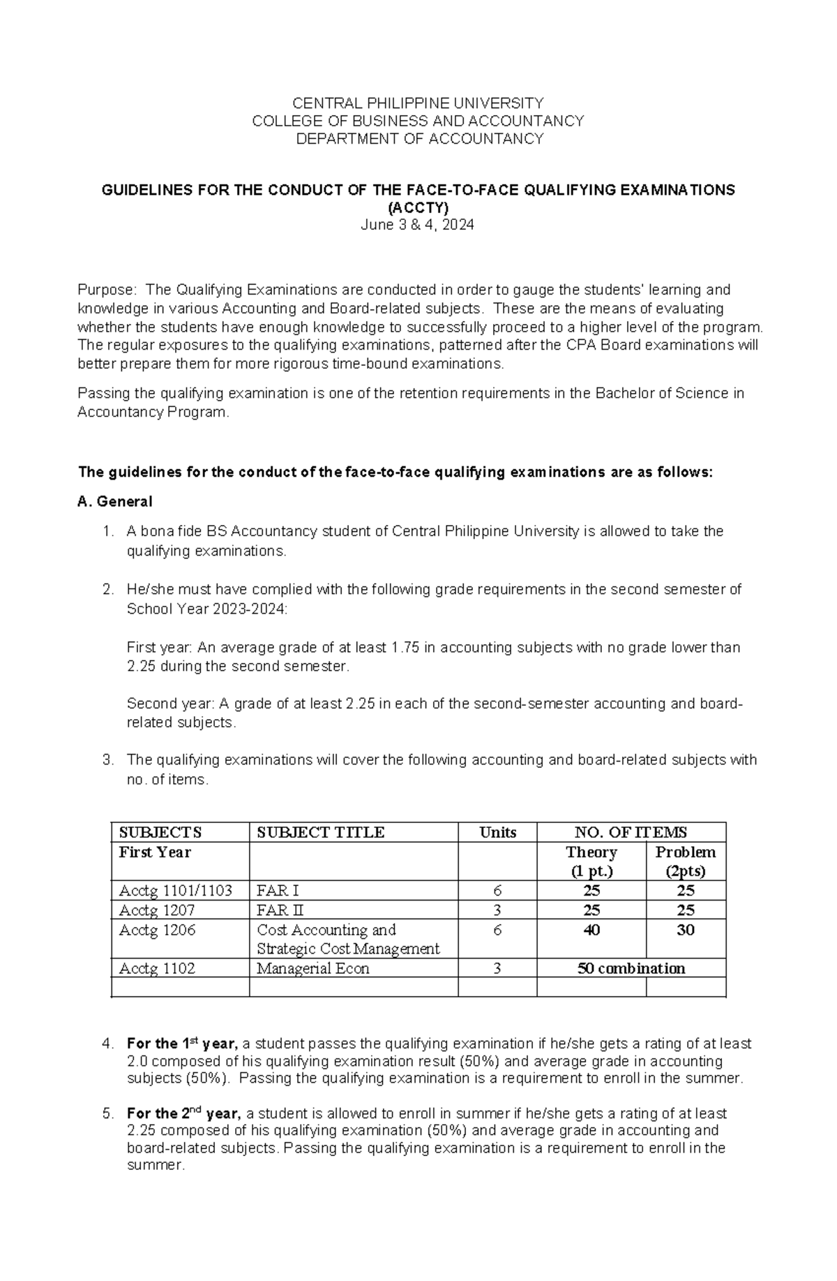 2024 June Qualifying Examination Guidelines Accty to students - CENTRAL ...