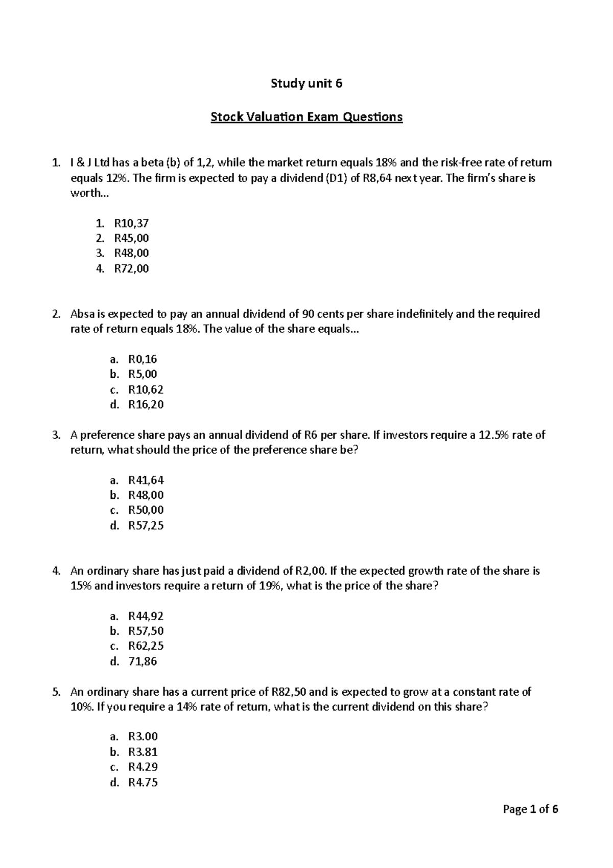 FIN2601 Study Unit 6 Stock Valuation Exam Questions & Answers - Studocu