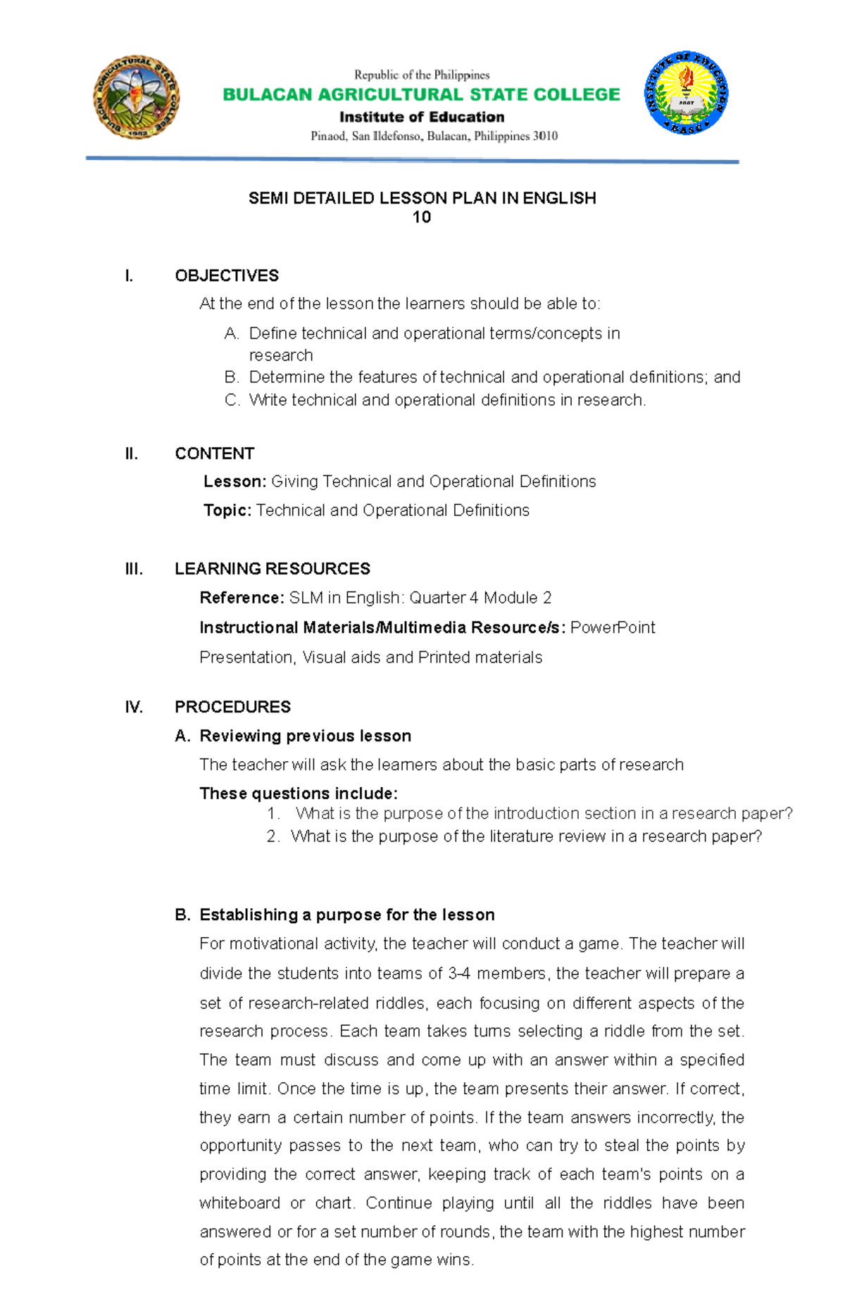 Lesson Plan: Technical & Operational Definitions (English 101) - Studocu