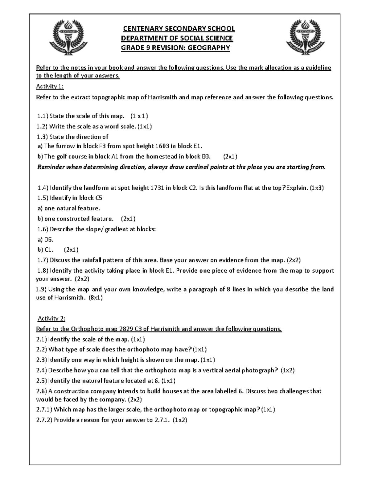 SS 9 GEOGRAPHY Term 2 Revision Worksheet on Harrismith Maps - Studocu