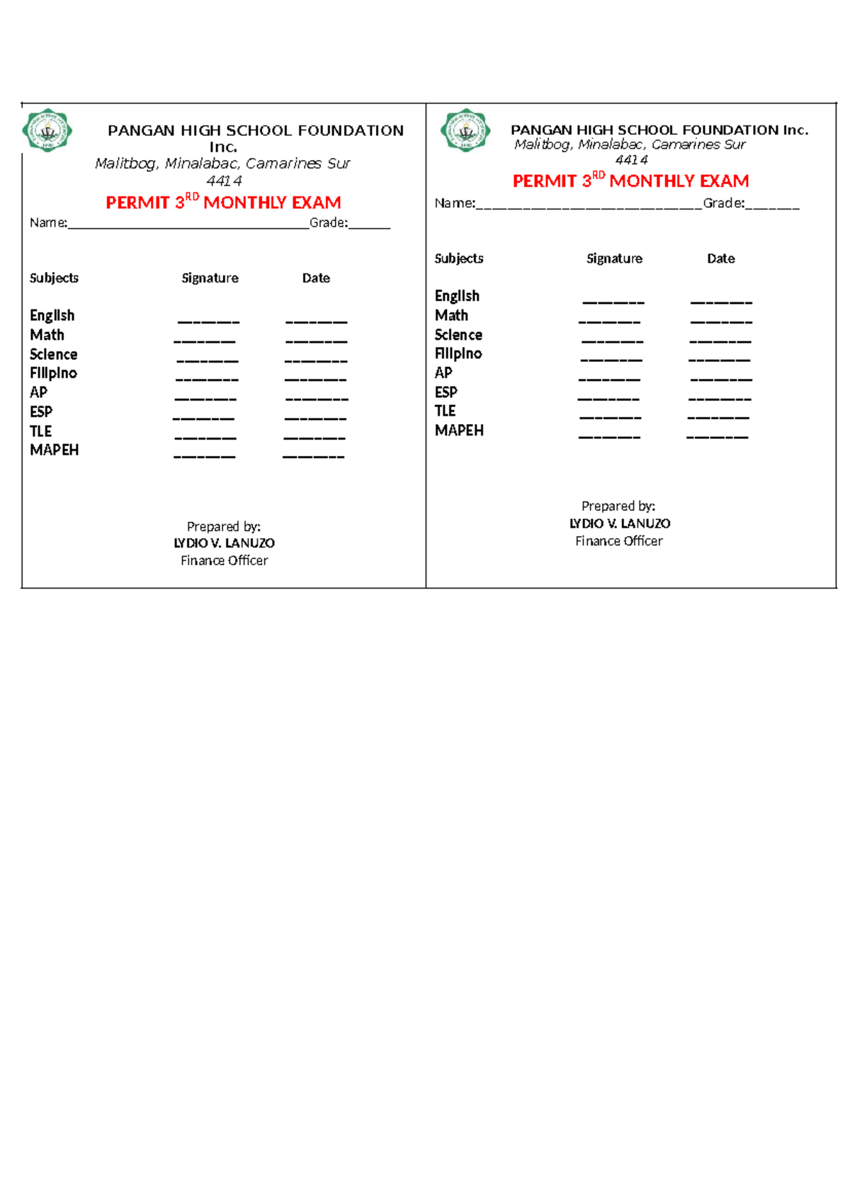 PANGAN HIGH SCHOOL FOUNDATION Inc. SHS Final Exam Permit & Statement ...
