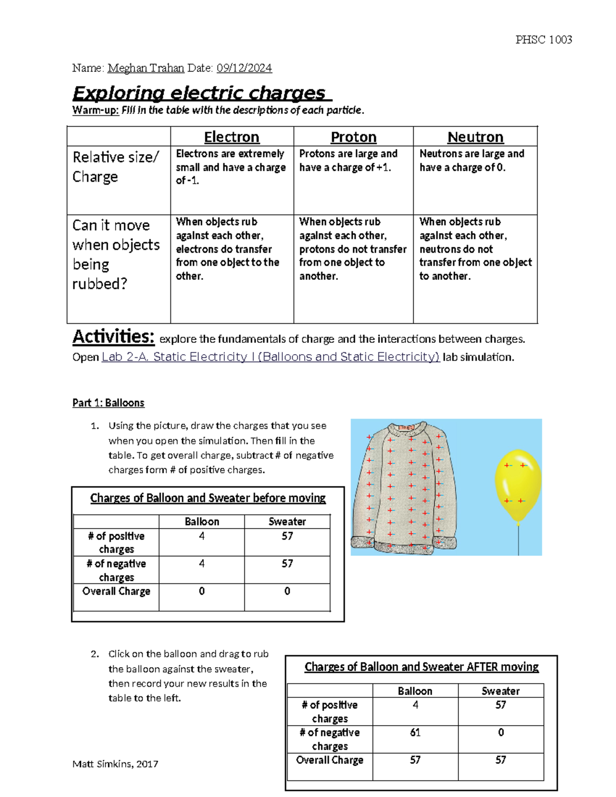 Static Electricity Lab PHSC 1003: Exploring Electric Charges and ...