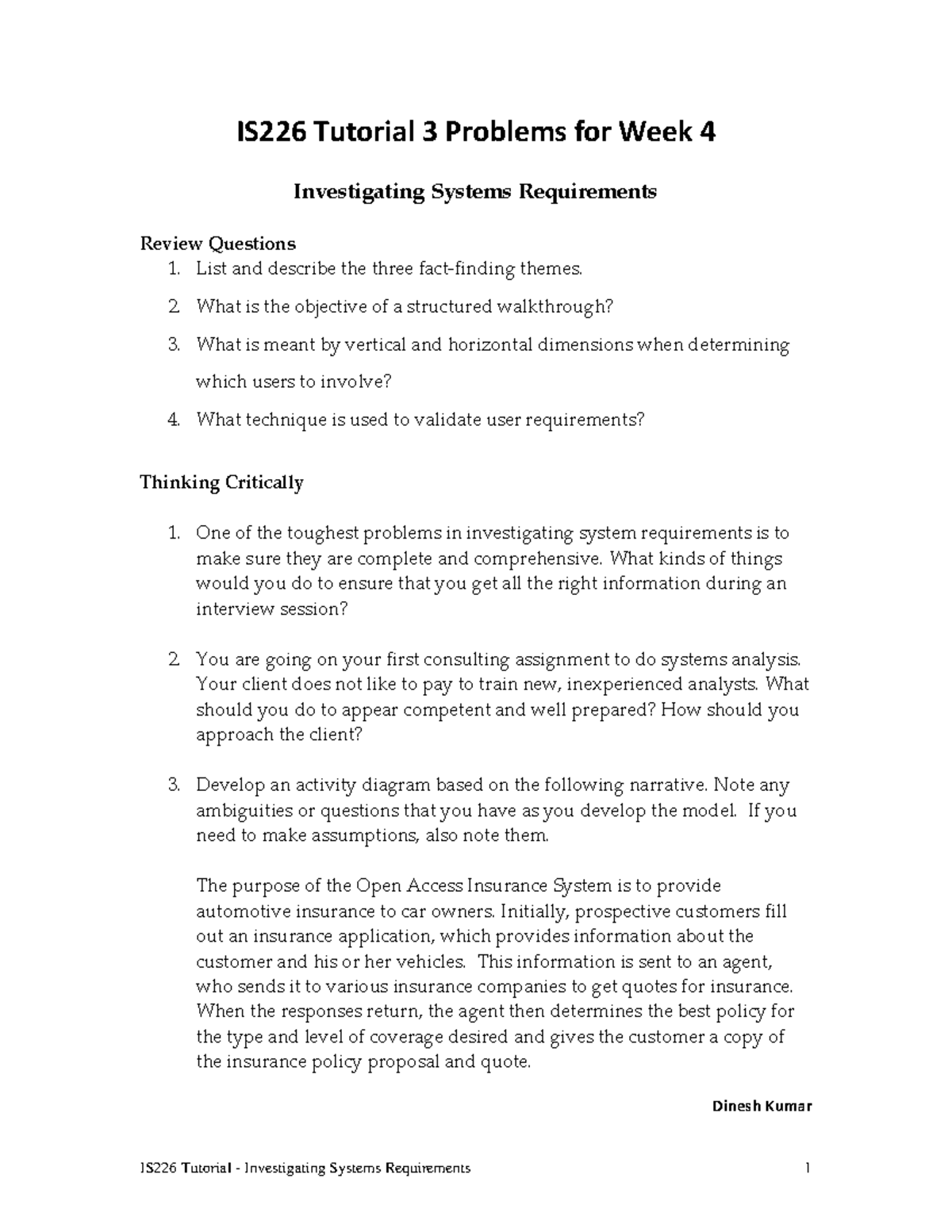 IS 226 Tutorial - Investigating System Requirements & Problem Solutions - Studocu