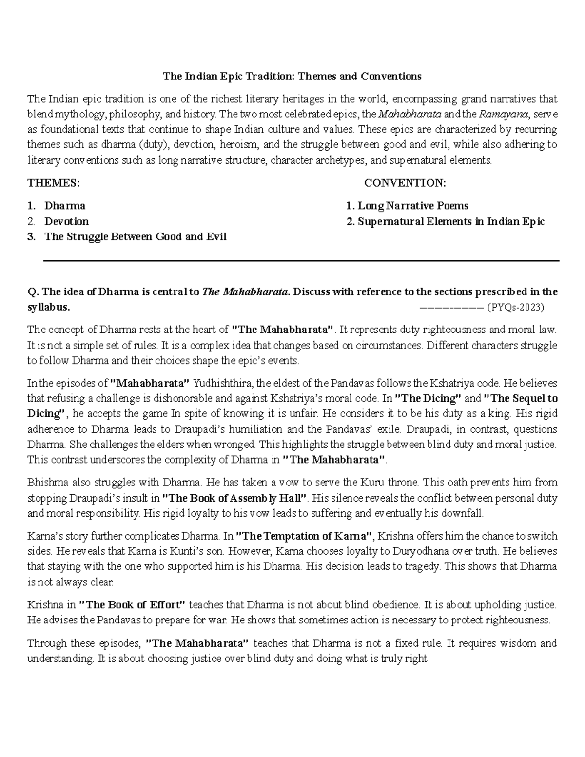 The Indian epic tradition: Themes and conventions in literature - Studocu