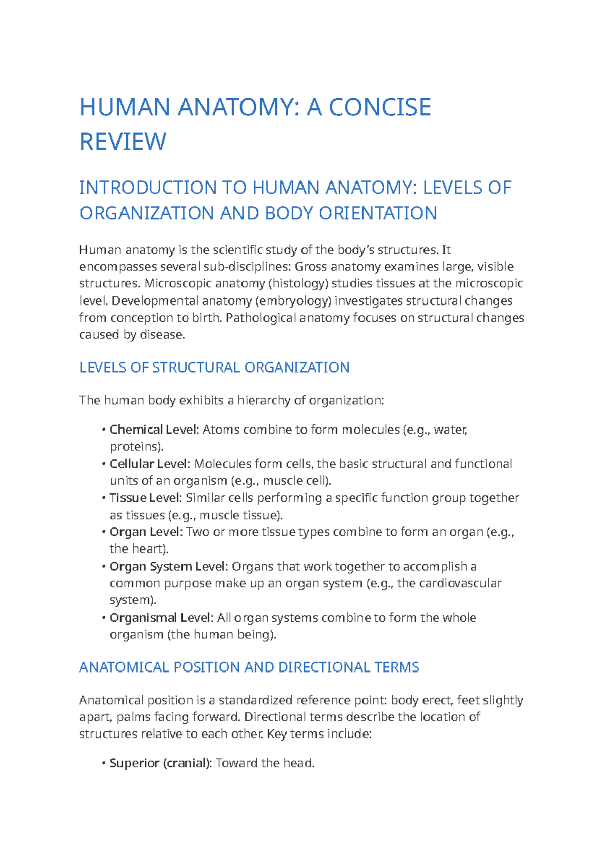HUMAN ANATOMY 101: LEVELS OF ORGANIZATION & BODY ORIENTATION - Studocu