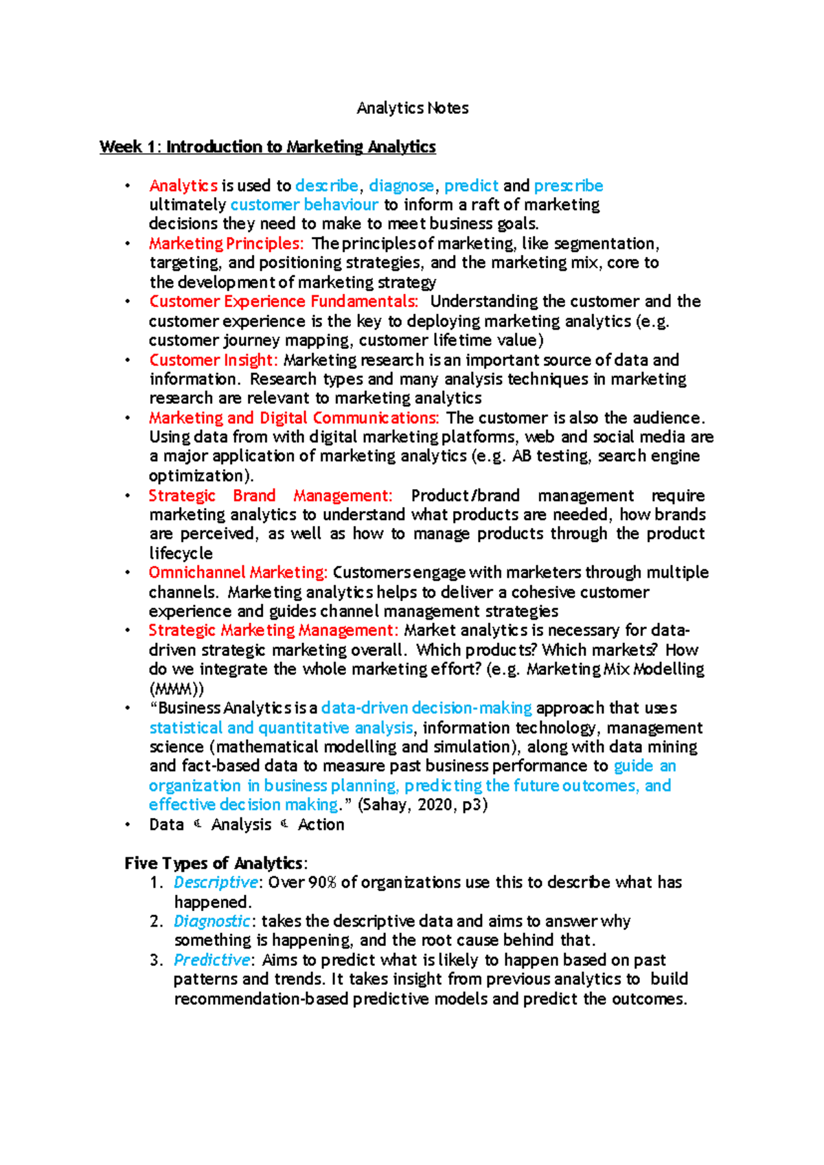 Analytics Notes Week 1: Intro to Marketing Analytics (FMA) - Studocu