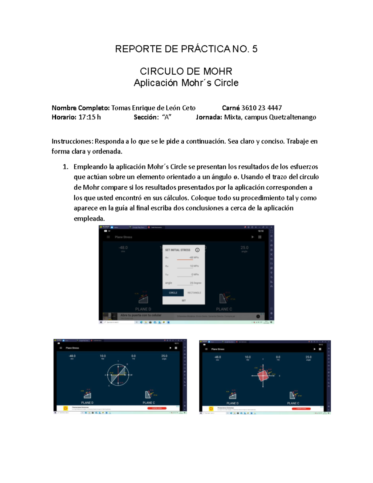REPORTE DE PRÁCTICA NO. 5: CIRCULO DE MOHR Y APLICACIÓN CIRCLE - Studocu