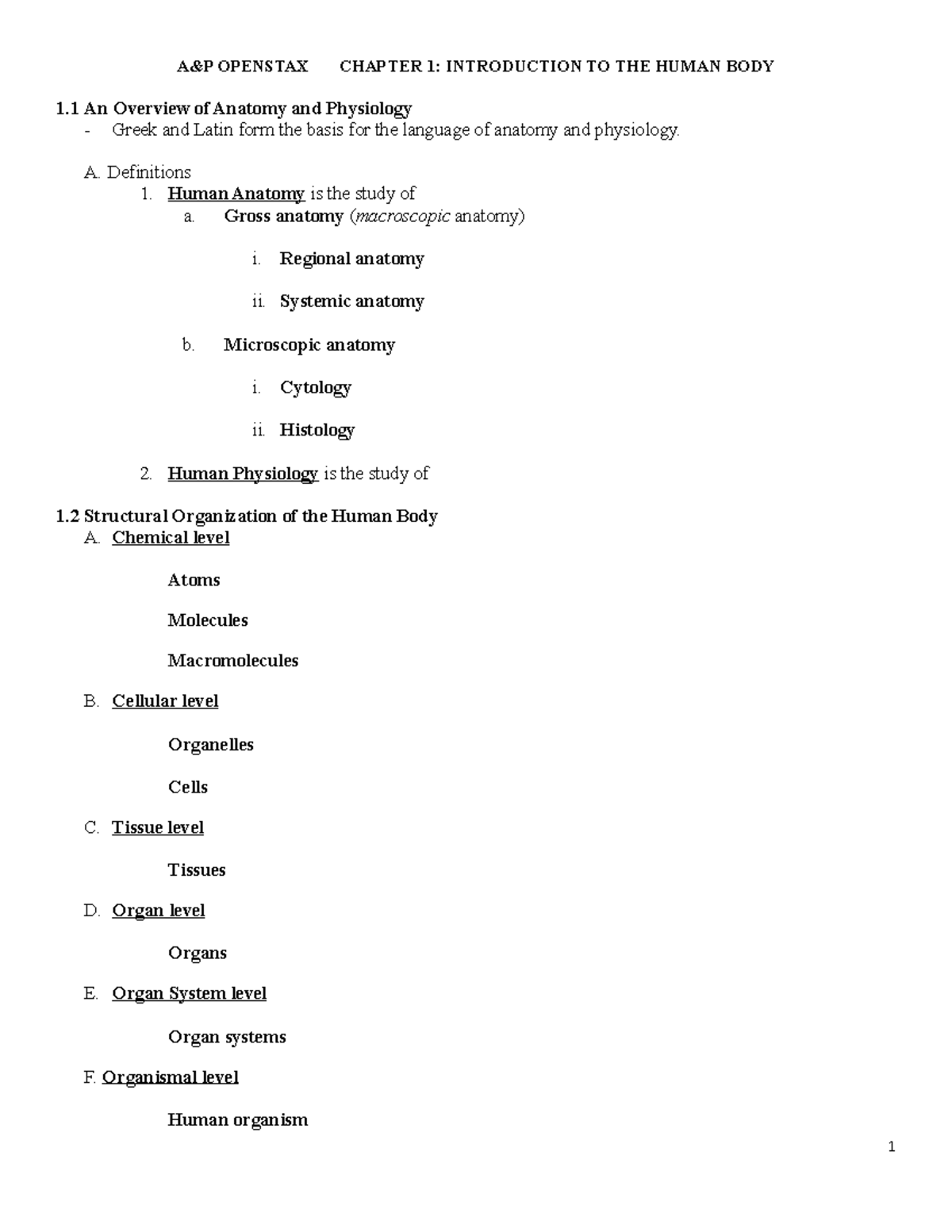 AP1 Chapter 1 Outline - Anatomy & Physiology Practice Exam Review - Studocu