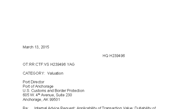 H239496 - Ruling on Customs Valuation and Administrative Fees - Studocu