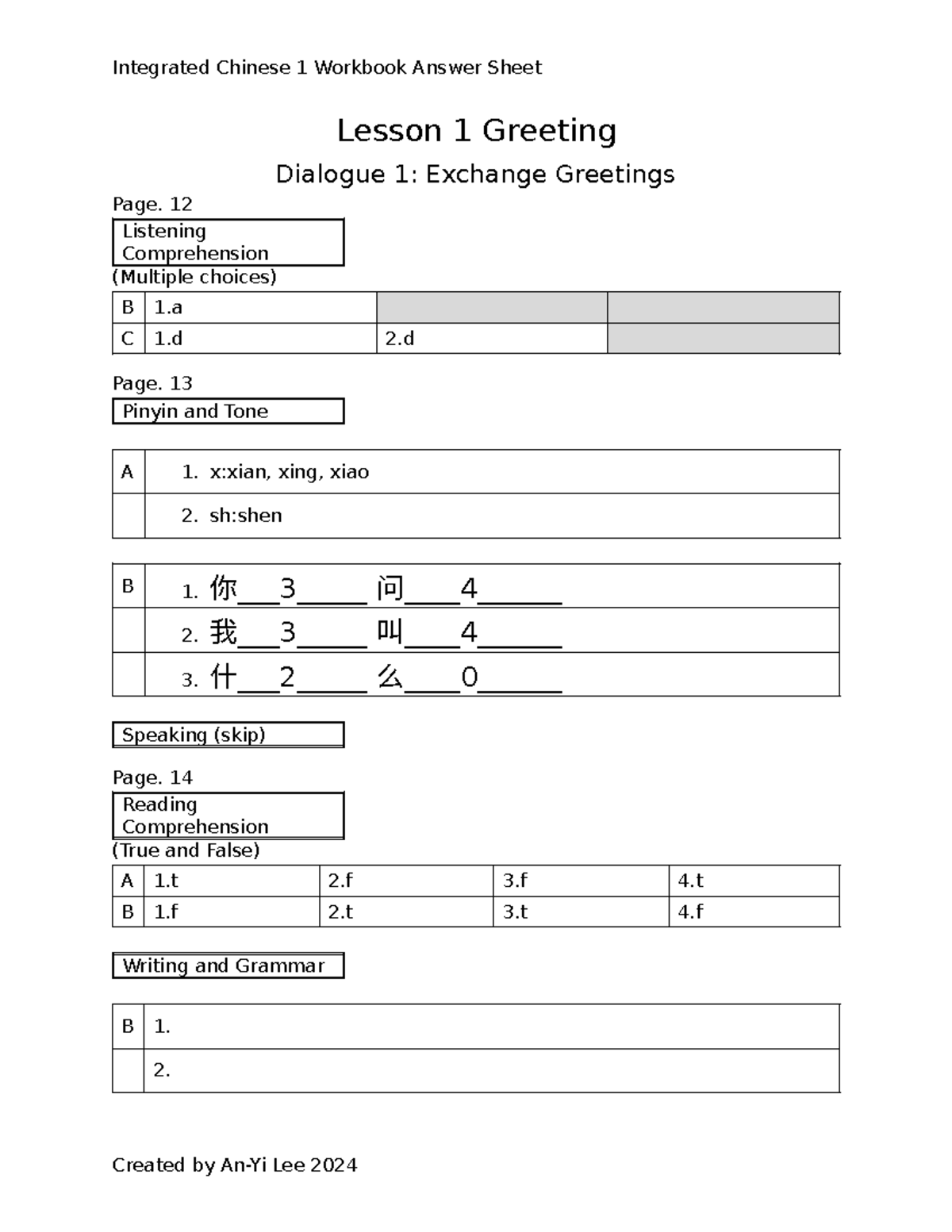 Integrated Chinese 1 Workbook Answer Sheet: Lesson 1 Greetings - Studocu