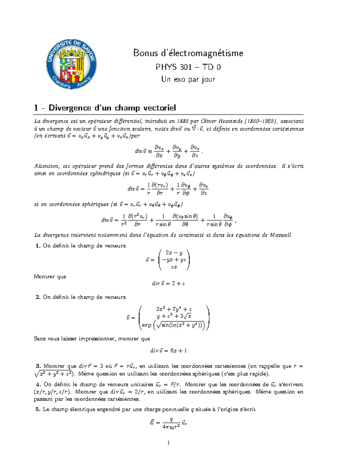 TD 0 - Exercices sur les Opérateurs Vectoriels en Électromagnétisme ...