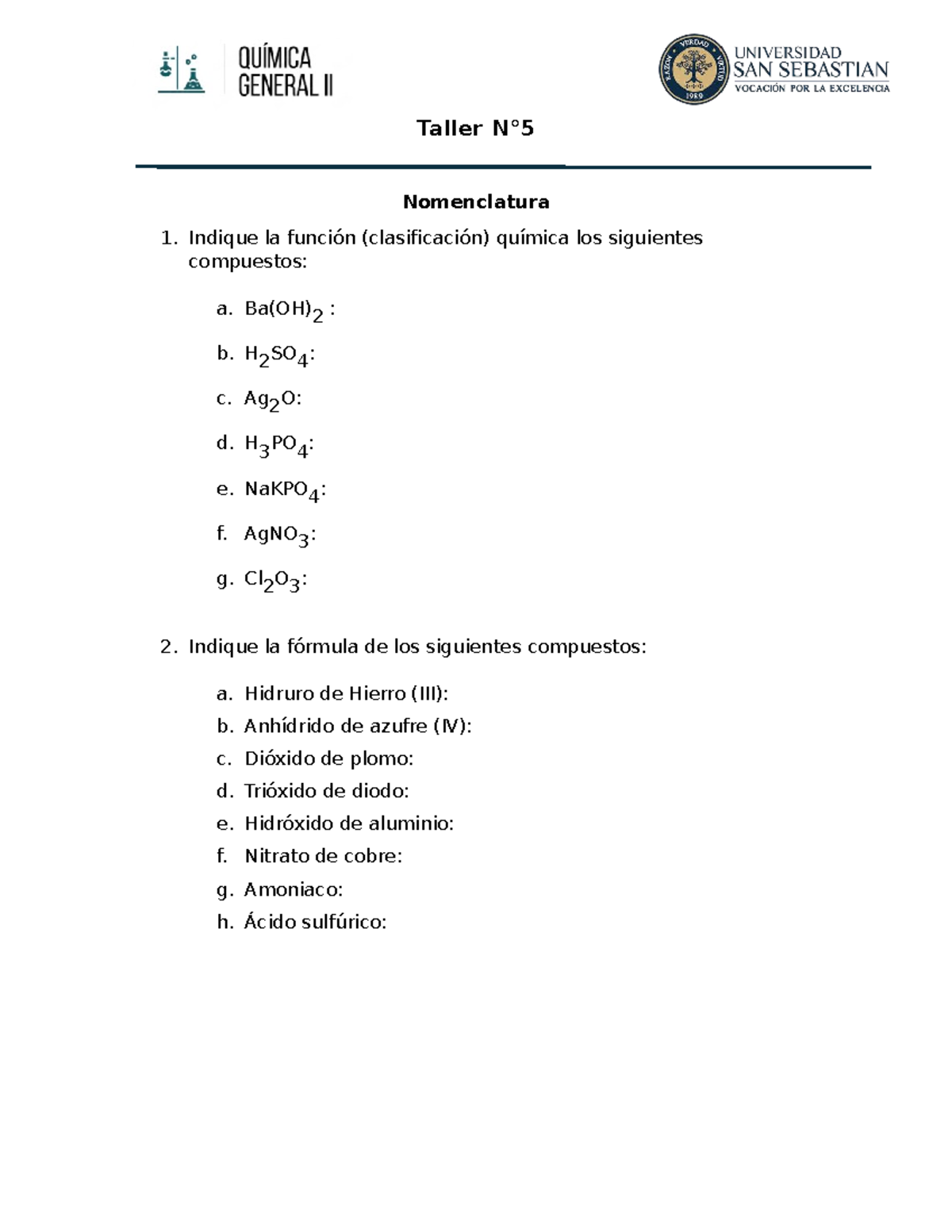 Taller N°5: Clasificación y Fórmulas de Compuestos Químicos - Studocu